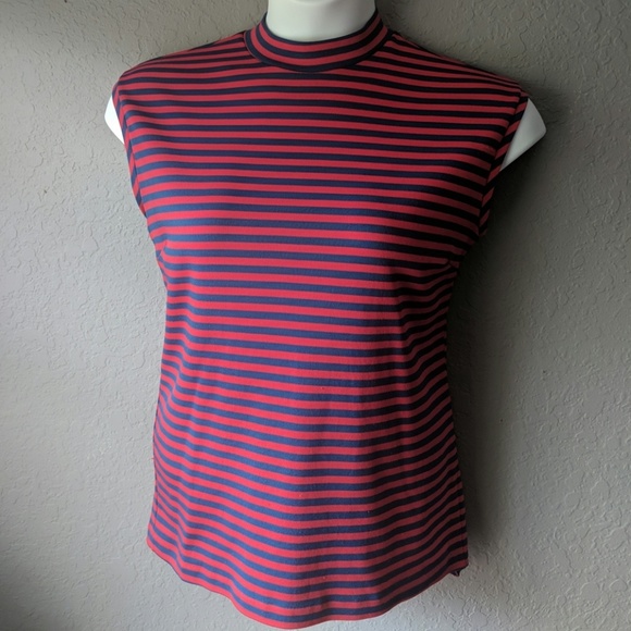 Tops | Retro High Neck Navy Red Striped Tank Top | Poshmark
